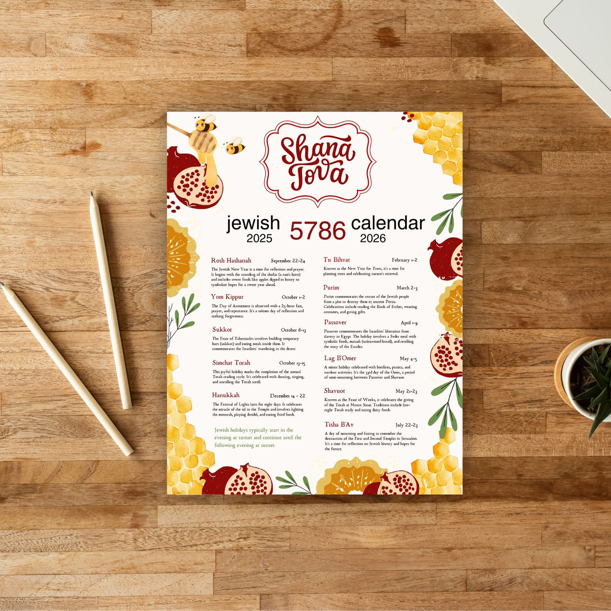 Printable Jewish Holiday Calendar 5786 – Rosh Hashanah to Tisha B’Av ...