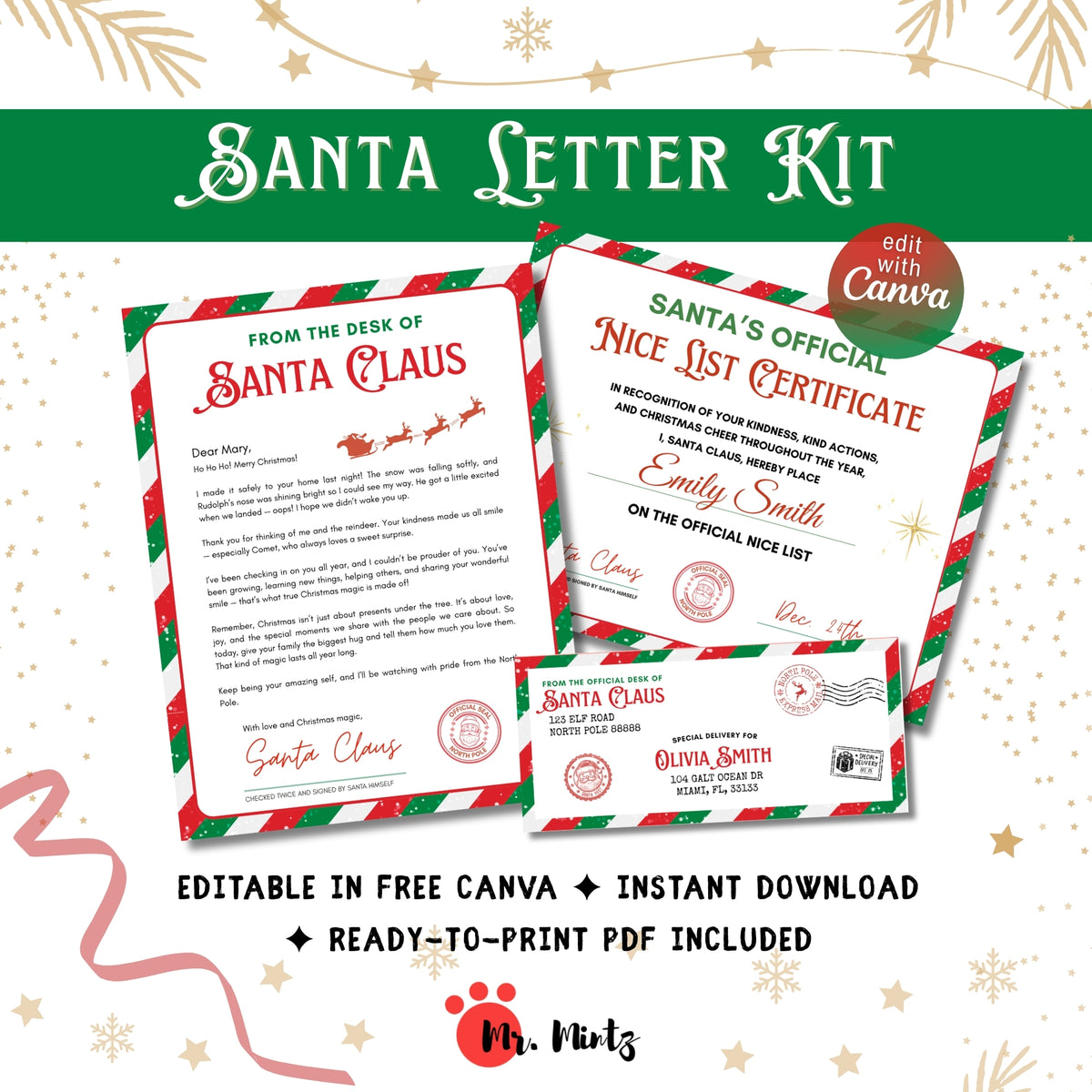 Printable Santa Letter Kit – Personalized Letter, Nice List Certificate ...